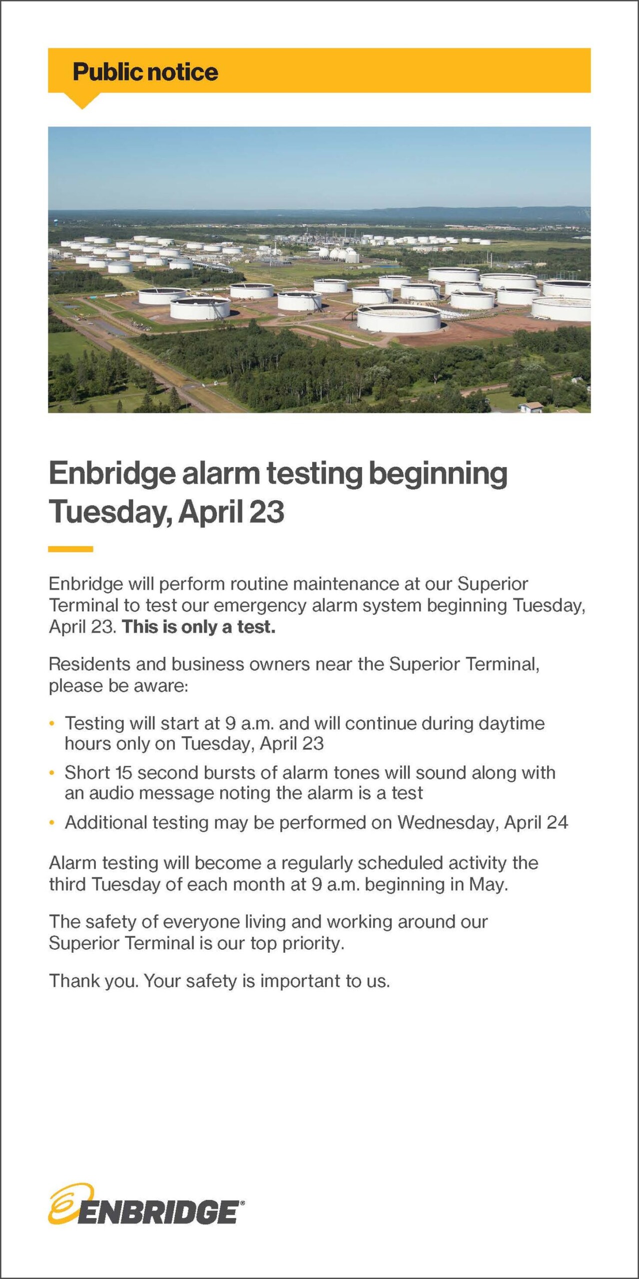 Enbridge To Test 'Emergency Alert System' At Superior Terminal ...