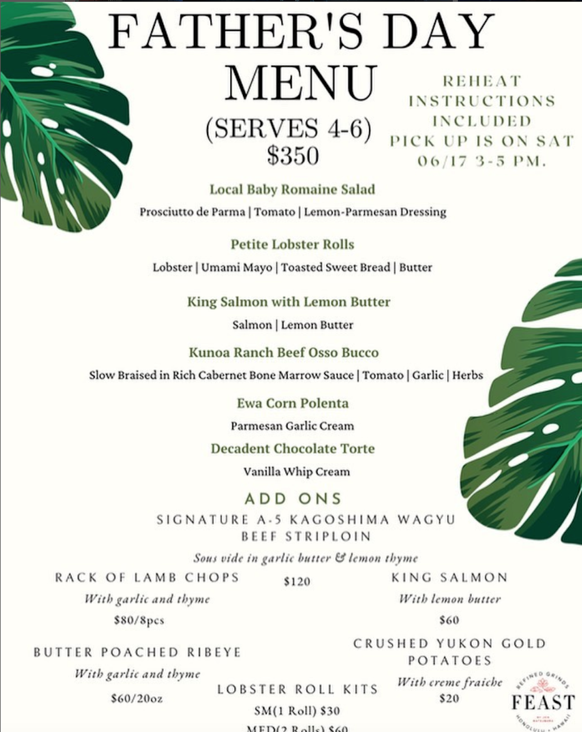 Dine-In and Takeout Menus for Father’s Day on O‘ahu