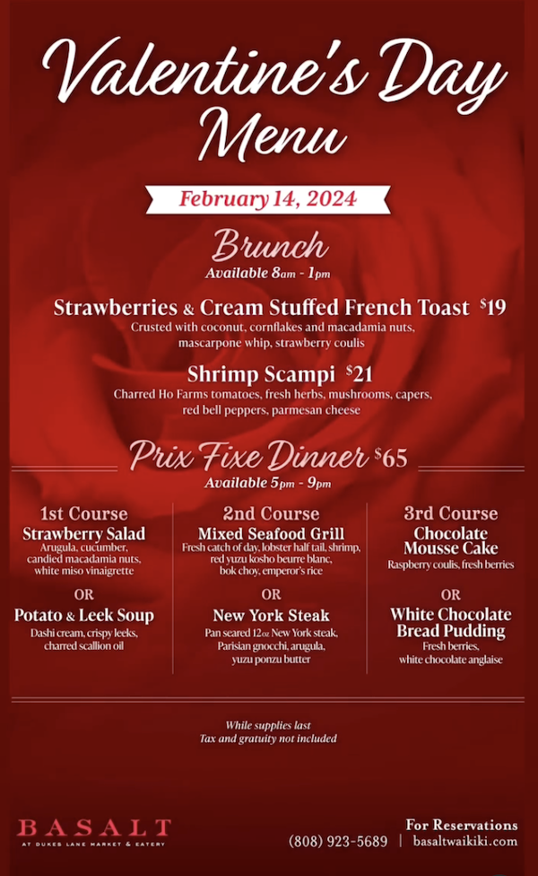Valentine’s 2024 Menus at O‘ahu Restaurants and Bakeries