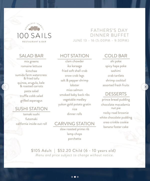 Dine-In and Takeout Menus for Father’s Day on O‘ahu