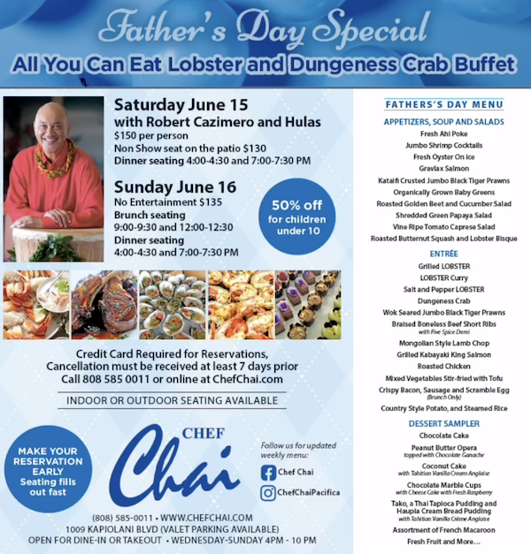 Dine-In and Takeout Menus for Father’s Day on O‘ahu